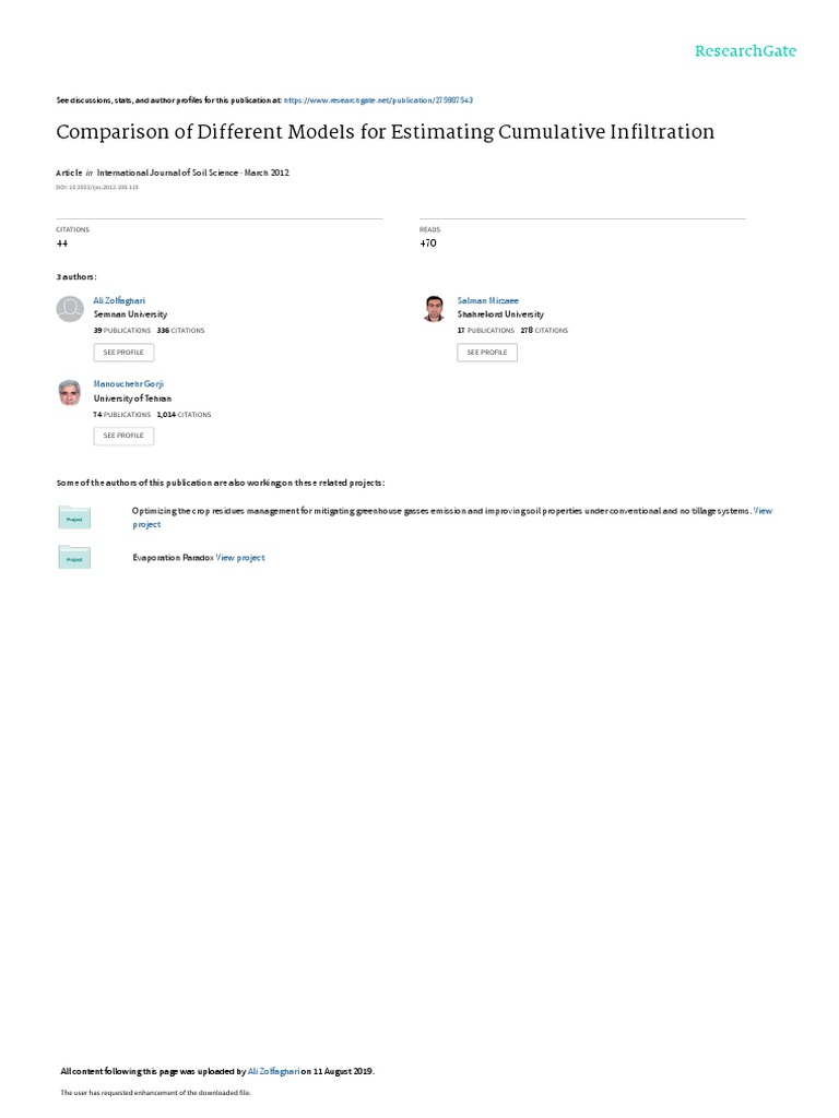 Comparison of Different Models For Estimating Cumulative Infiltration ...