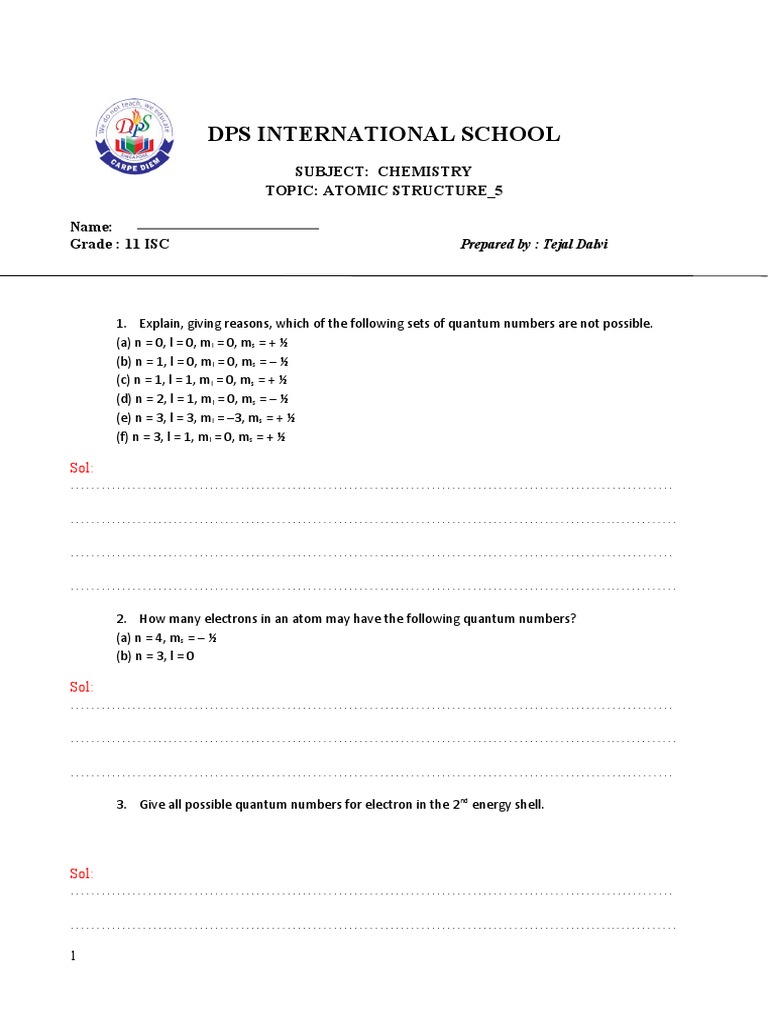 Dps International School: Subject: Chemistry Topic: Atomic Structure ...