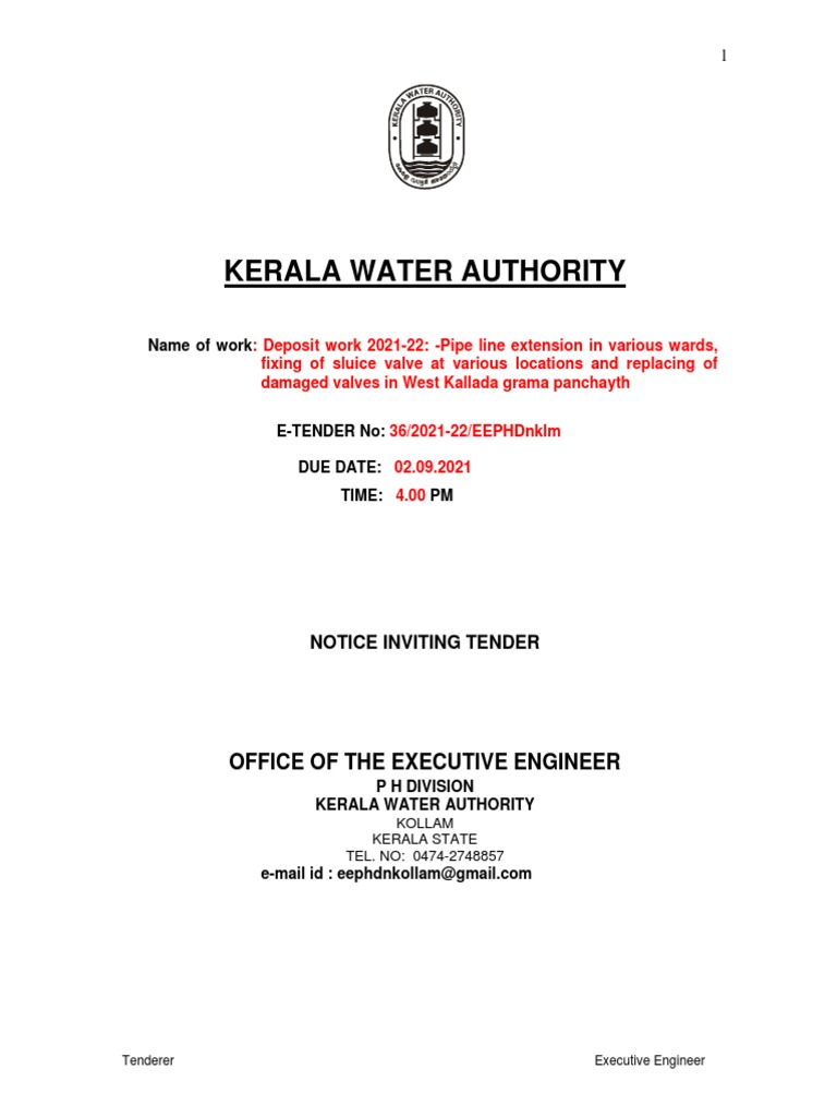 Kerala Water Authority: Office of The Executive Engineer | PDF | Specification (Technical ...