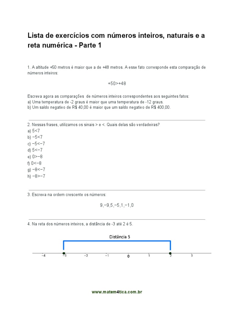 Lista de Exercícios Com Números Inteiros, Naturais e A Reta Numérica ...