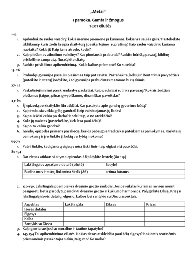 Donelaitis Metai 1 Pamoka Gamta | PDF