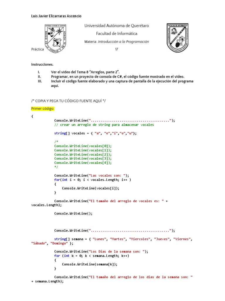 Intro Progra Práctica 17 Pdf C Sharp Lenguaje De Programación 