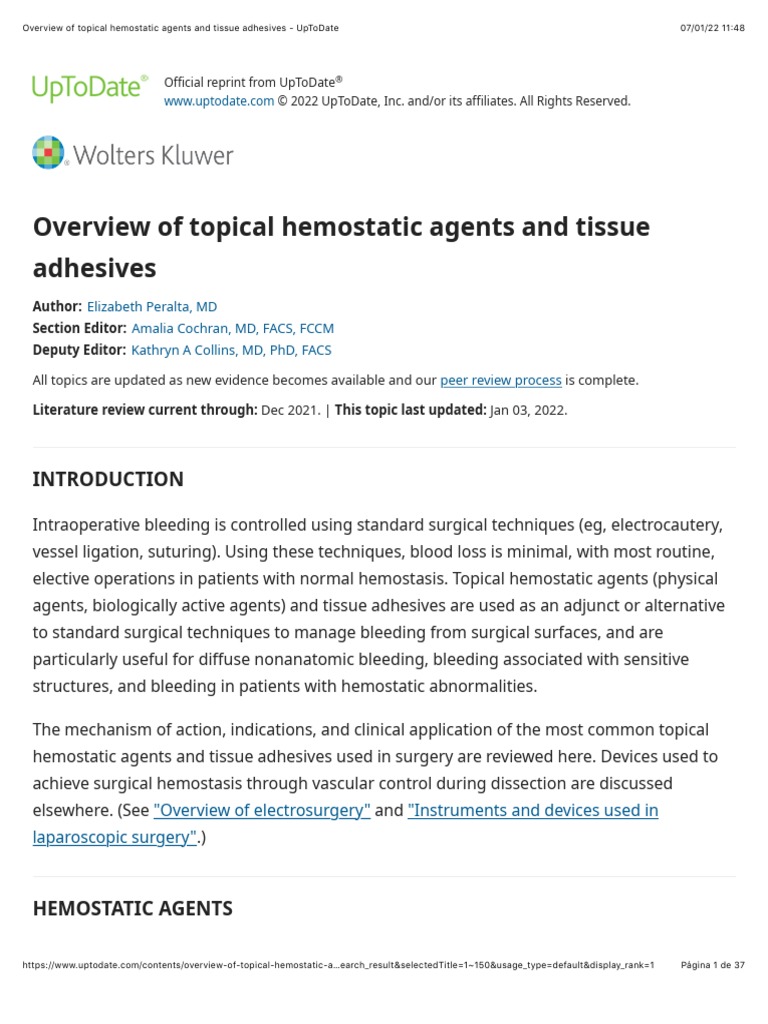 Overview of Topical Hemostatic Agents and Tissue Adhesives - UpToDate ...