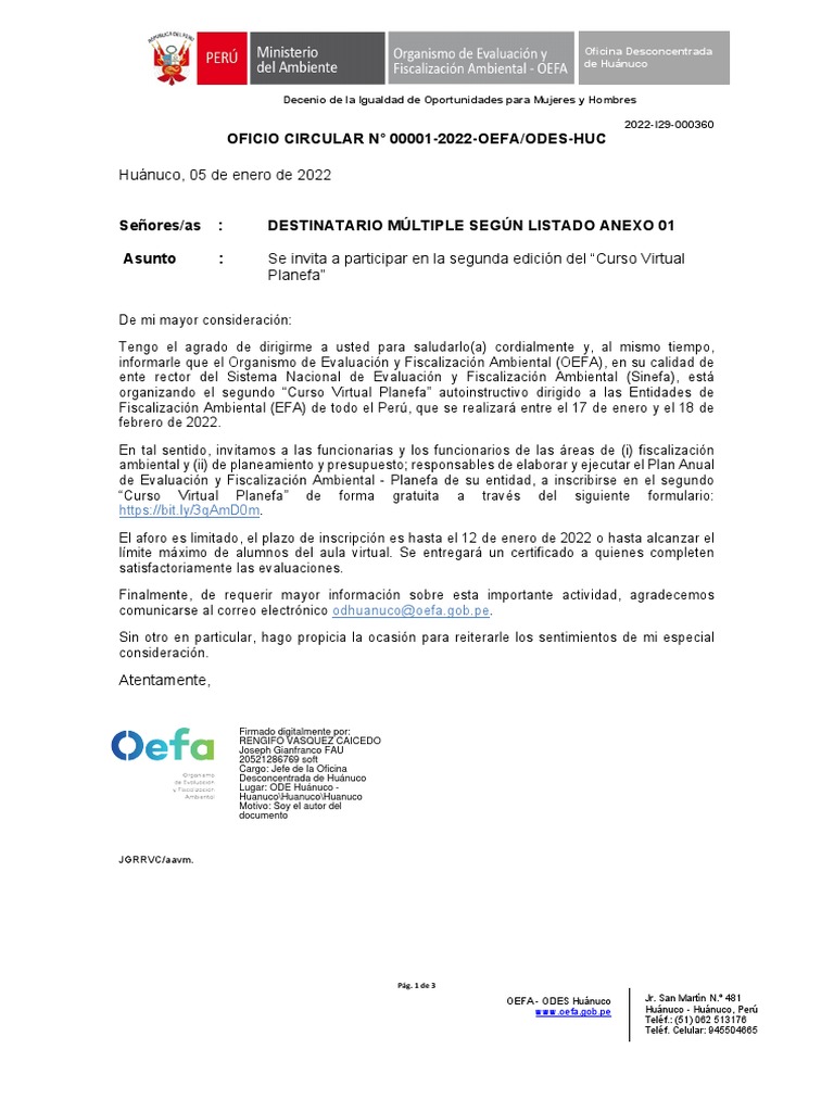 Oficio Circular 001-2022 Curso Virtual Planefa.. | PDF | America latina | América del Sur