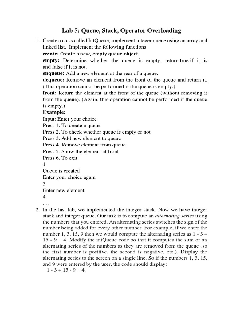 Lab 5: Queue, Stack, Operator Overloading | Download Free PDF | Queue ...