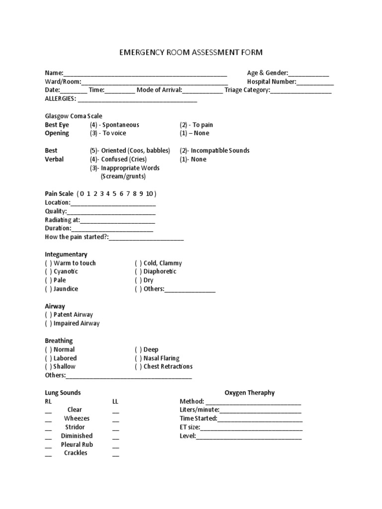 Emergency Room Assessment Form | PDF | Respiratory Tract | Clinical ...