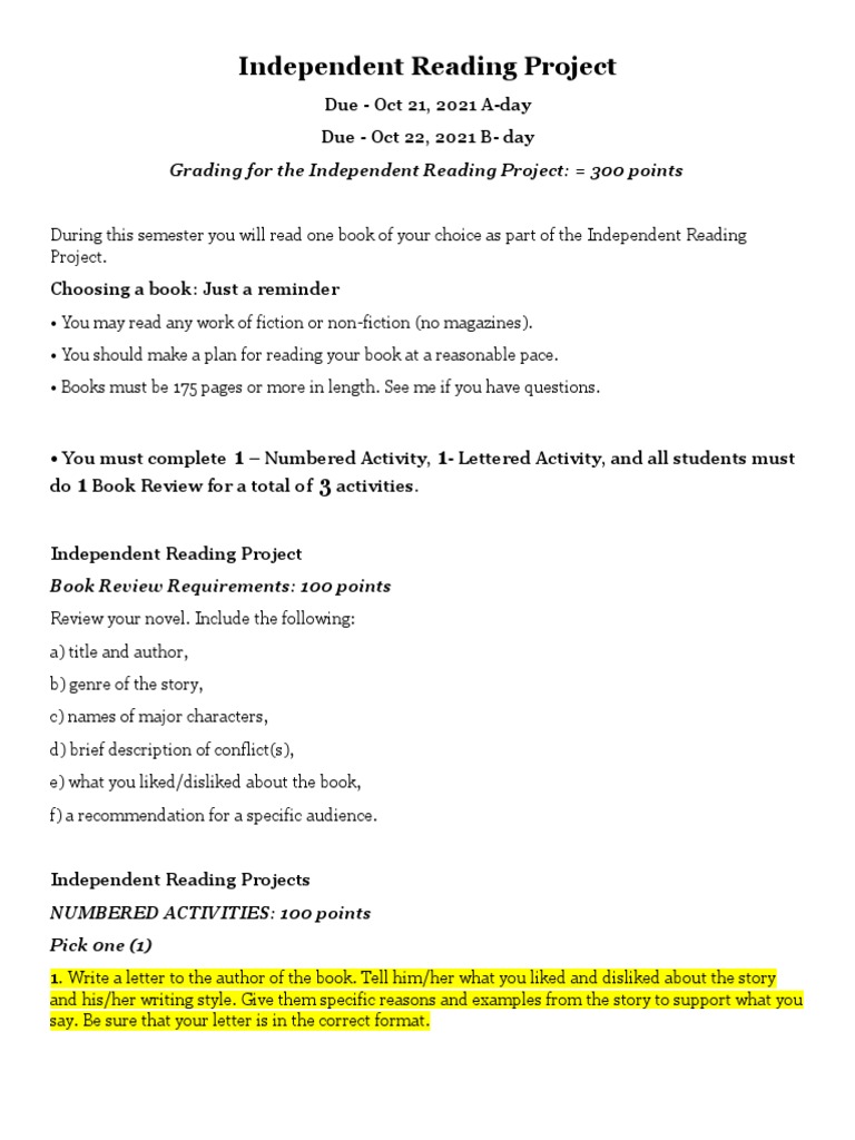 Grading For The Independent Reading Project: 300 Points | PDF | Books ...