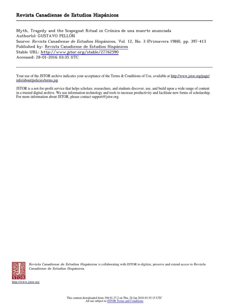 Myth, Tragedy and The Scapegoat Ritual in Crónica de Una Muerte ...