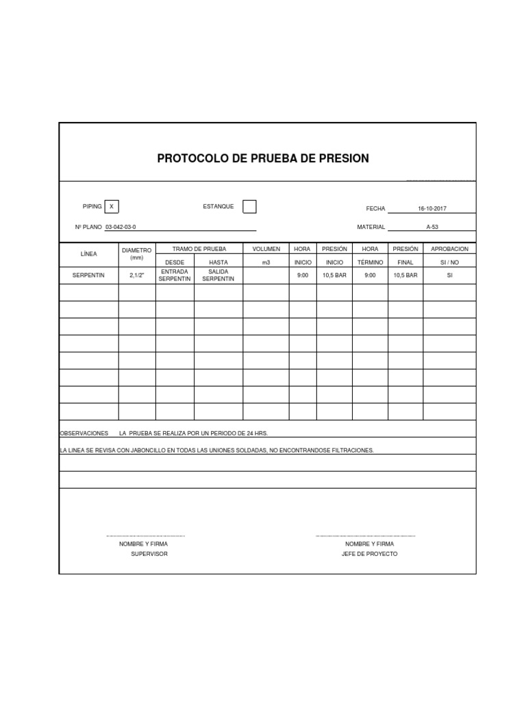 Protocolo Prueba de Presión SERPENTIN | PDF