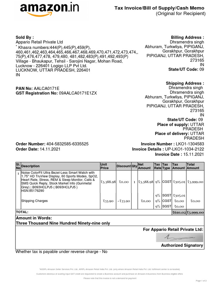 Detailed Tax Invoice for the Sale of a Noise ColorFit Ultra Smart Watch ...