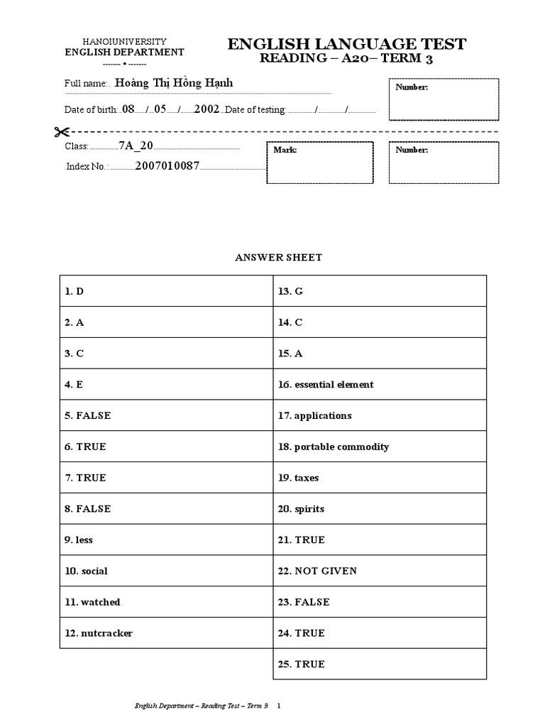 English Language Test: Hoàng Thị Hồng Hạnh 08 05 2002 7A - 20 ...