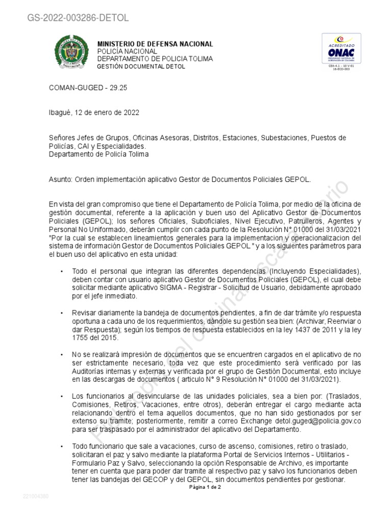 Orden Implementación Aplicativo Gestor de Documentos Policiales GEPOL ...