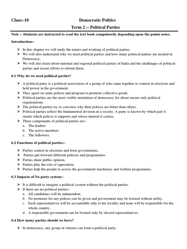 Class:-10 Democratic Politics Term 2:-Political Parties | PDF ...