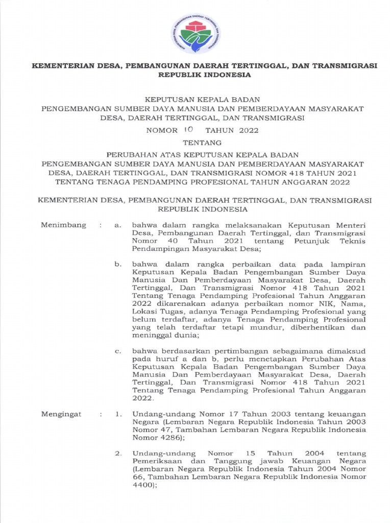 SK 10 Th. 2022 - Perubahan SK 418 Th. 2021 Tentang TPP TA. 2022 (Final TTD) | PDF