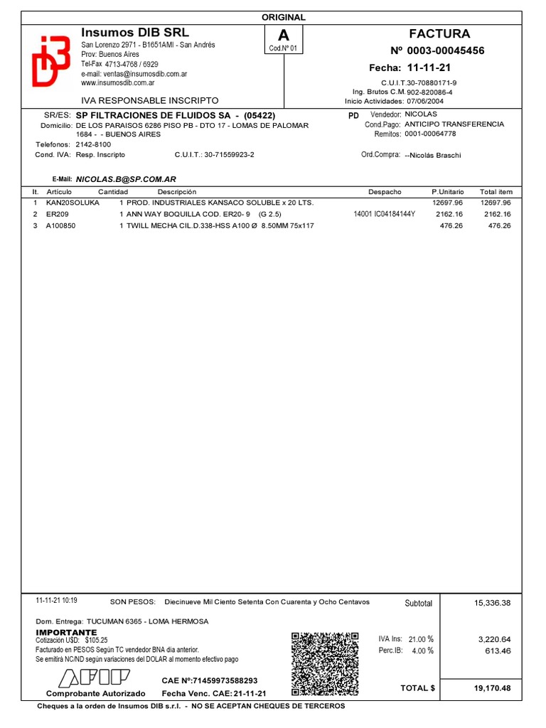 SP Filtraciones de Fluidos S.A. - Fact 45456 | PDF