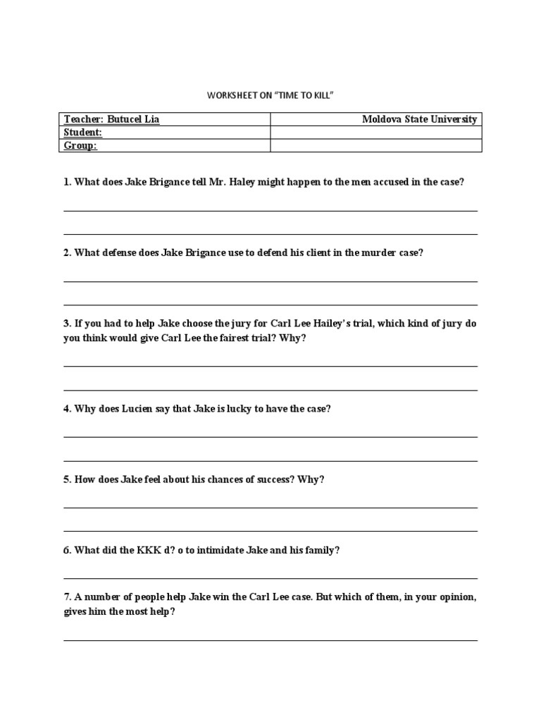 A Time To Kill Worksheet | PDF | Criminal Law | Justice