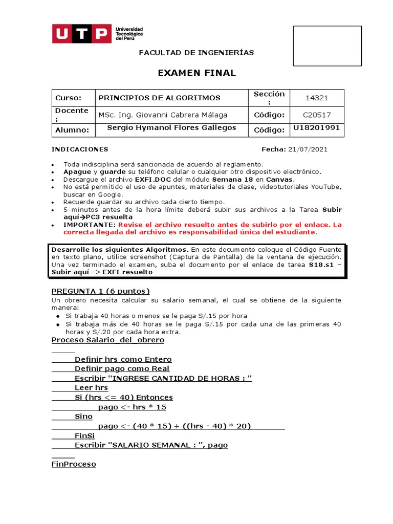 Examen Final Algoritmos | PDF | Prueba (evaluación) | Ciencias de la Computación