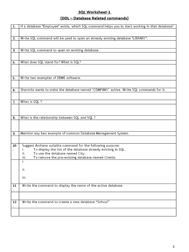 Sql Worksheet 1 Ddl Database Related Commands Pdf Databases Table Database 4200
