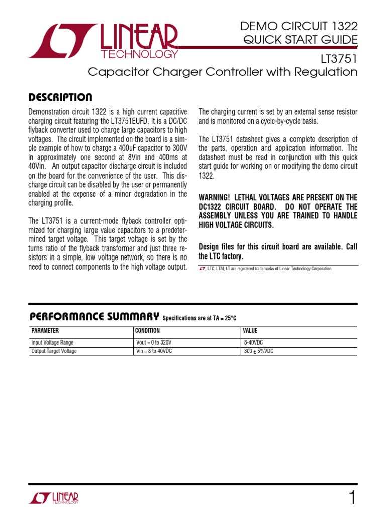 LT3751 Demo Circuit 1322 Quick Start Guide LT3751 Capacitor Charger Controller With Regulation ...