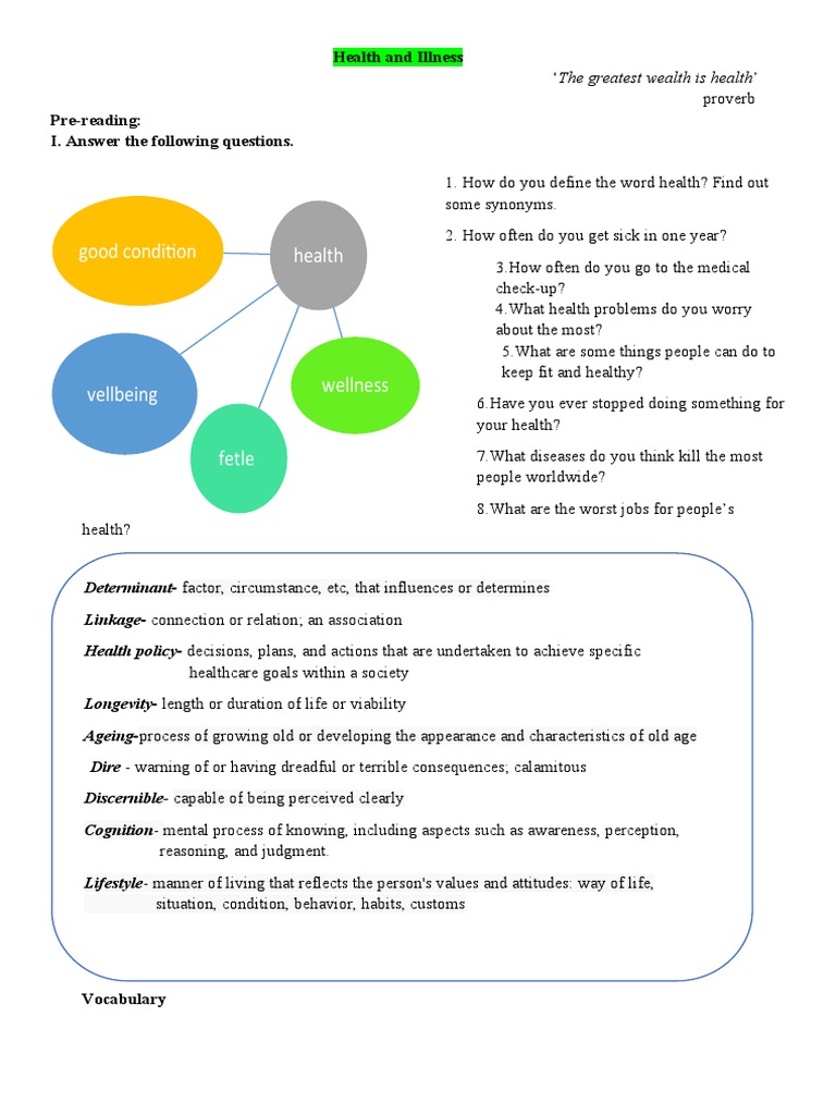 Health Good Condition: Pre-Reading: I. Answer The Following Questions ...