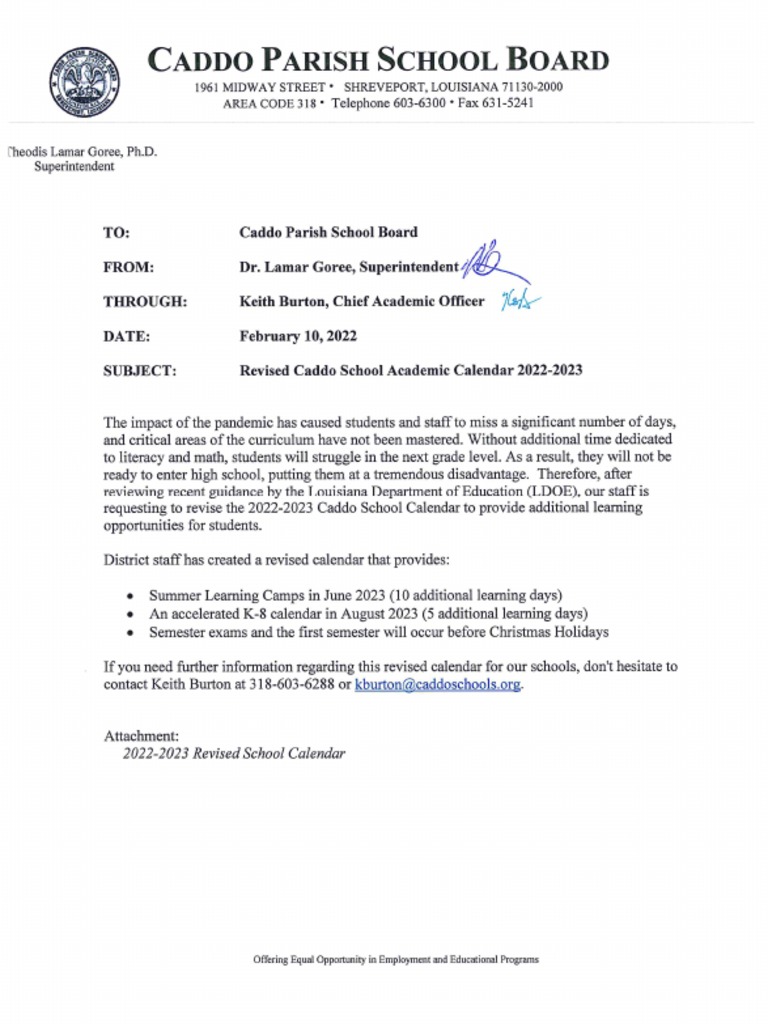 Memo and Revised Caddo School Academic Calendar 2022-2023 | PDF