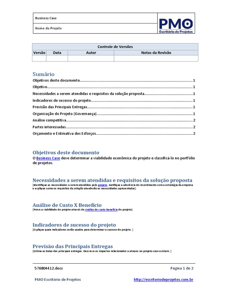 Modelo de Business Case em Projetos | PDF | Governança | Orçamento