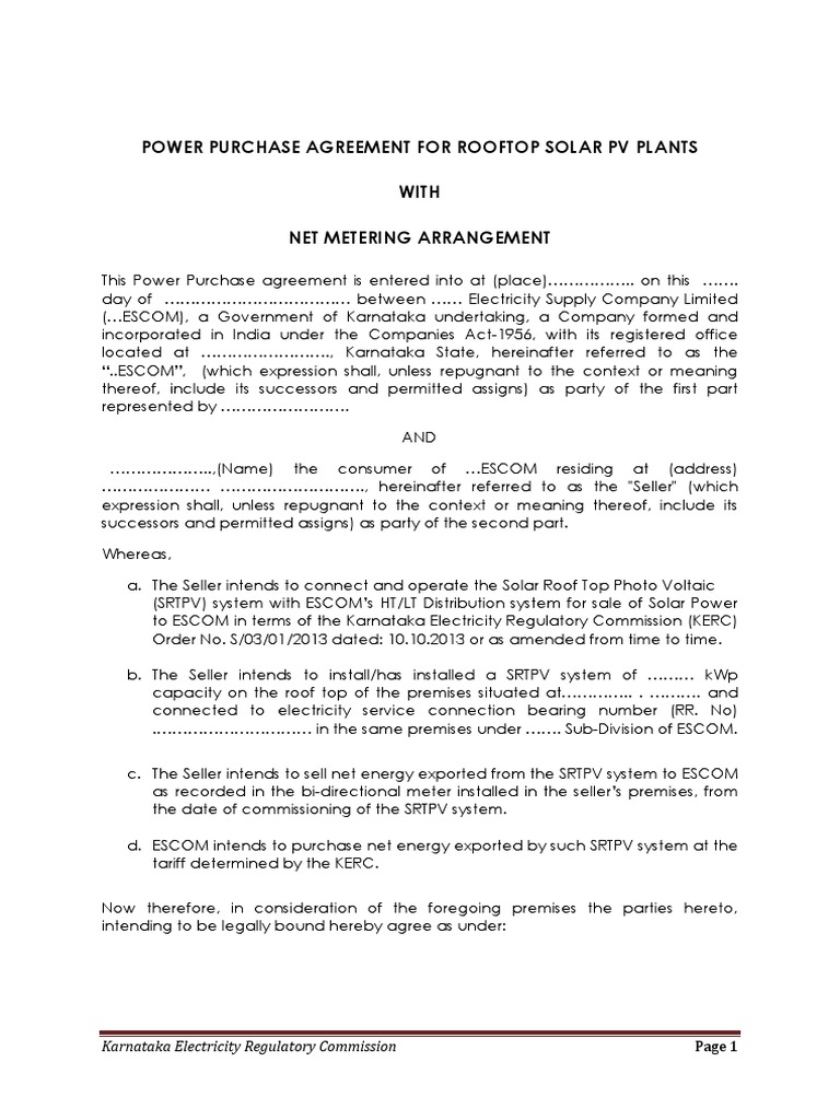 Power Purchase Agreement For Rooftop Solar PV Plants With Net Metering Arrangement | Download ...