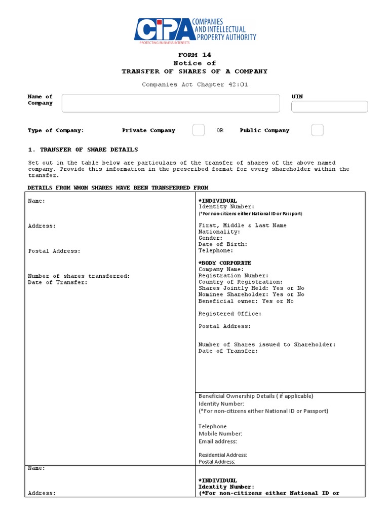 Form 14 Notice of Transfer of Shares of A Company: Companies Act ...
