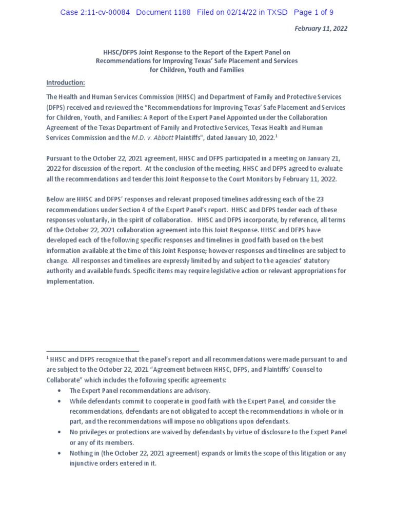 HHSC-DFPS Joint Response to Expert Panel | PDF | Medicaid | Mental Health