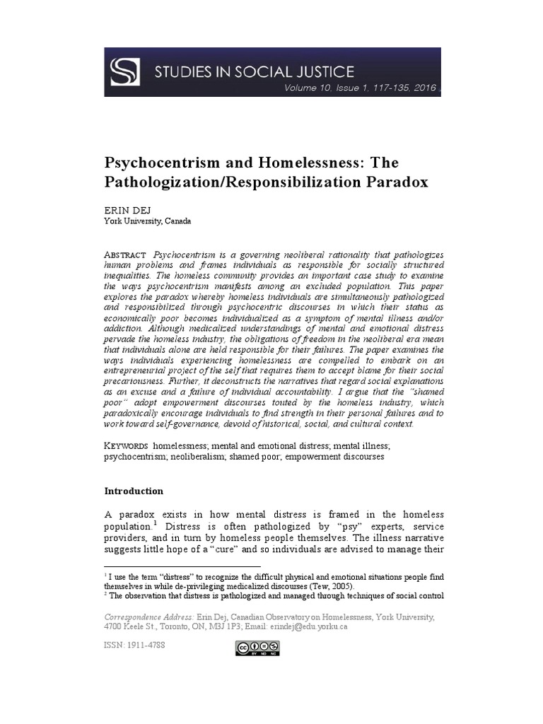 Dej - Psychocentrism and Homelessness | PDF | Mental Disorder ...