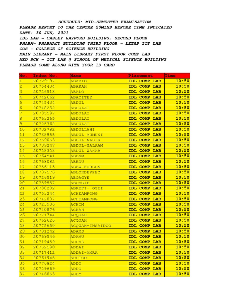 Mid-Semester Exam Schedule 2021 | PDF | Science & Mathematics ...