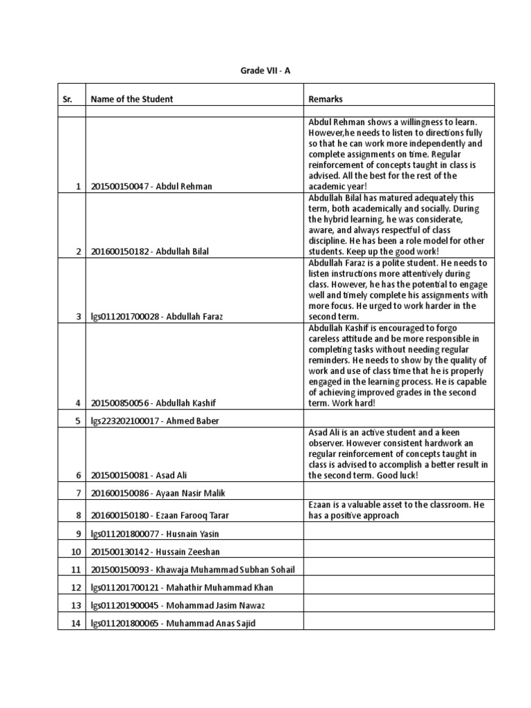 Remarks Sheet Grade 7 | PDF