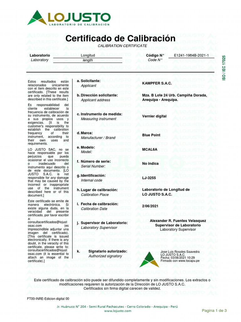Certificado de Calibración de Equipos | PDF | Calibración | Metrología