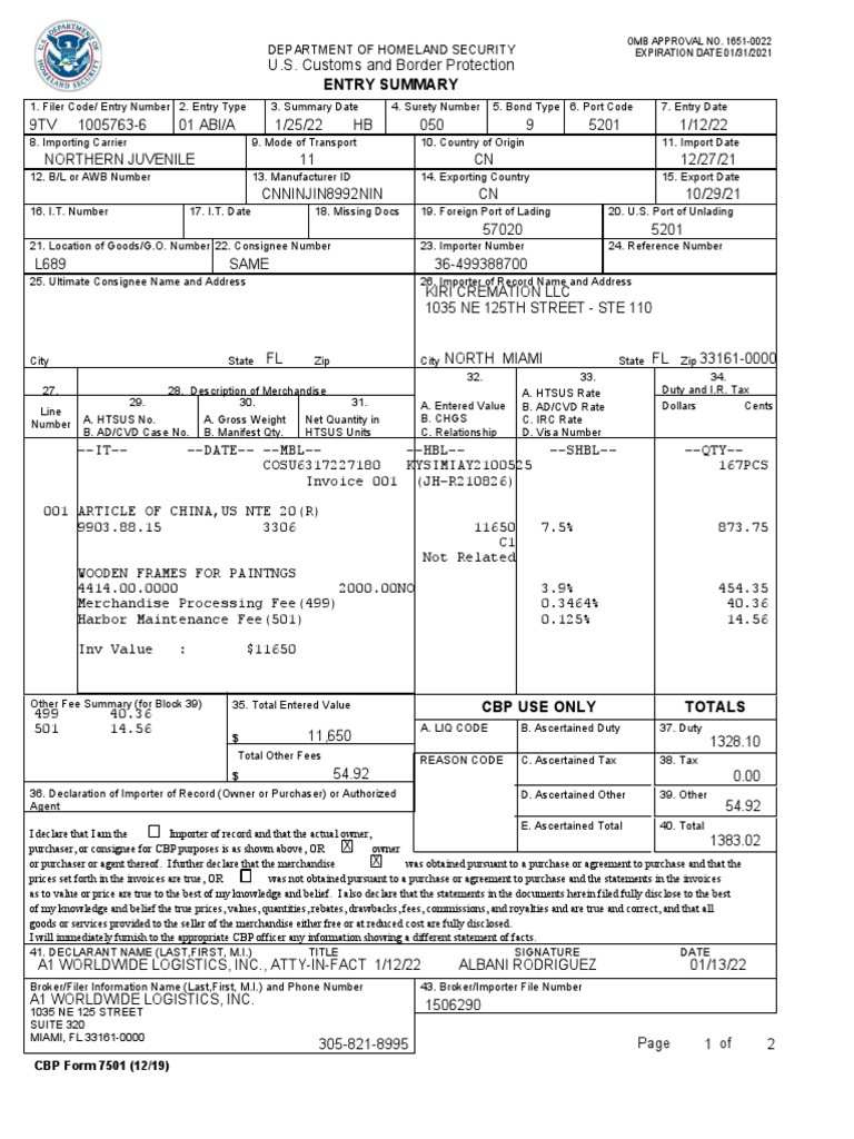 U.S. Customs and Border Protection Entry Summary: Department of ...