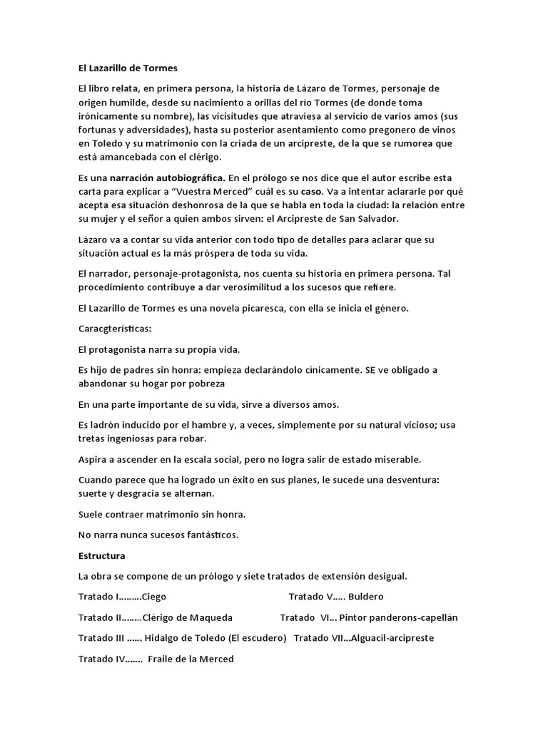 Lazarillo de Tormes. Resumen | PDF