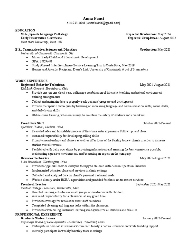 Anna Faust Resume 2021 | PDF | Preschool | Behavior Modification