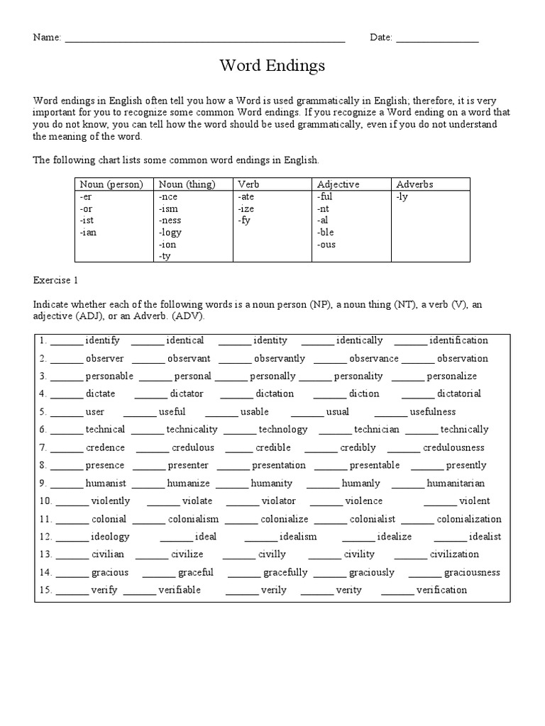 Word Endings Practice Activity | PDF | Part Of Speech | Adverb