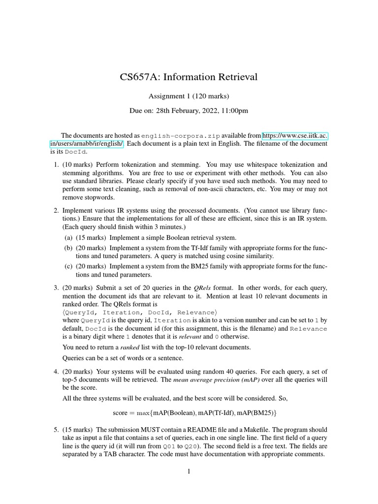 CS657A: Information Retrieval: Assignment 1 (120 Marks) Due On: 28th February, 2022, 11:00pm ...