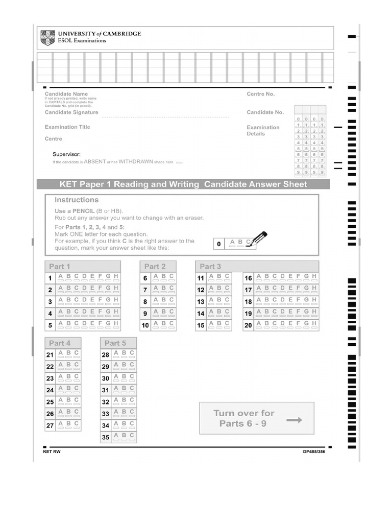 KET Answer Sheets | PDF