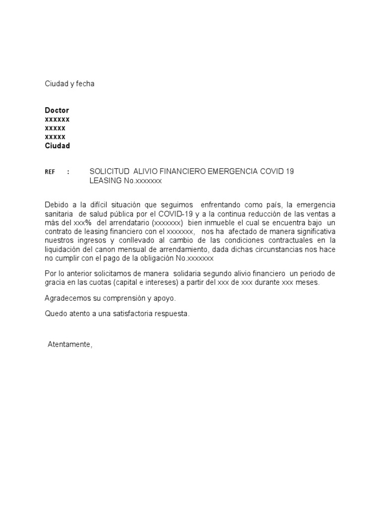 Carta Solicitud Alivio Financiero Leasing | PDF