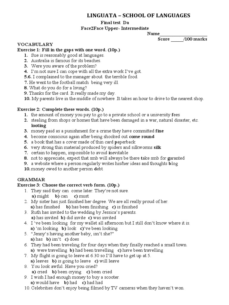 4 Face 2 Face Final Test Upper-Int. Da | PDF