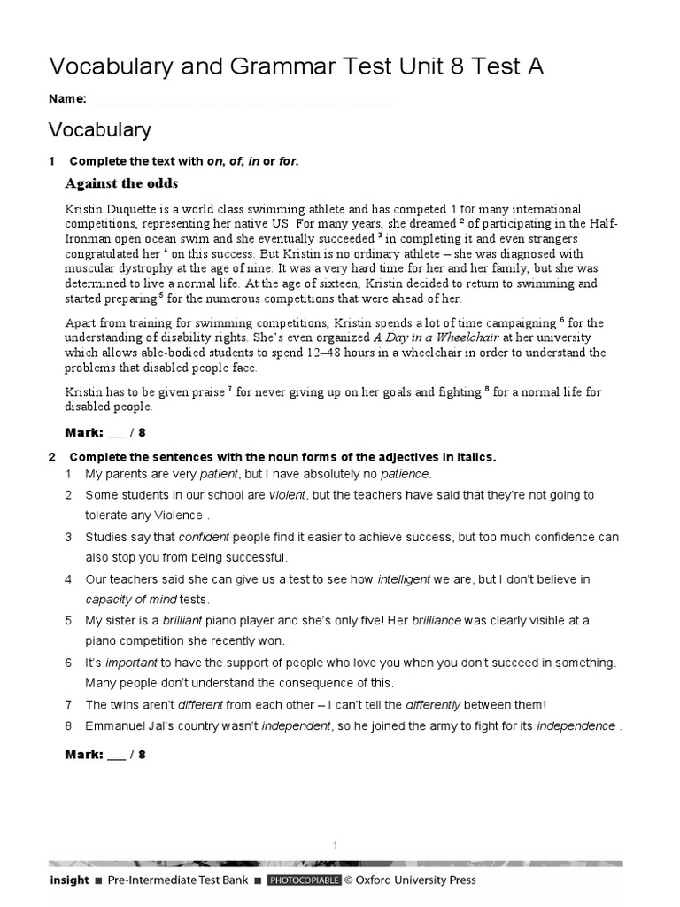 Vocabulary + Grammar Unit 8 Test A - Answers | PDF | Linguistics