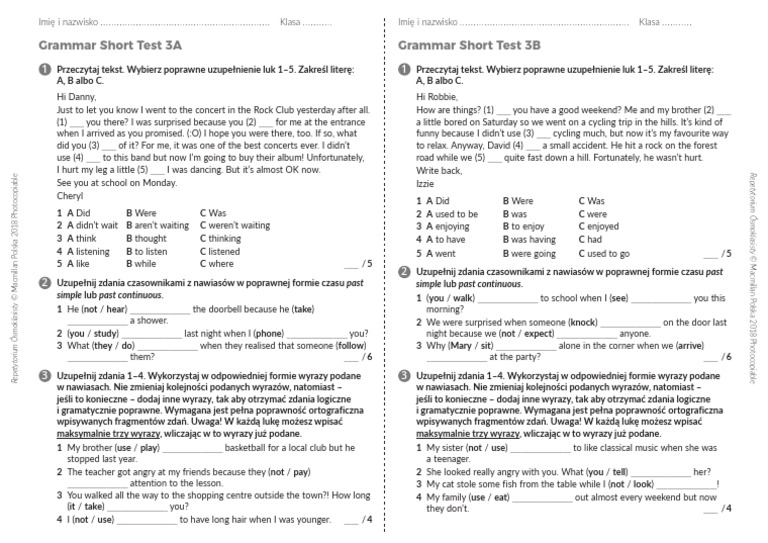 Grammar Short Test 3A Grammar Short Test 3B: Simple Lub Past Continuous ...