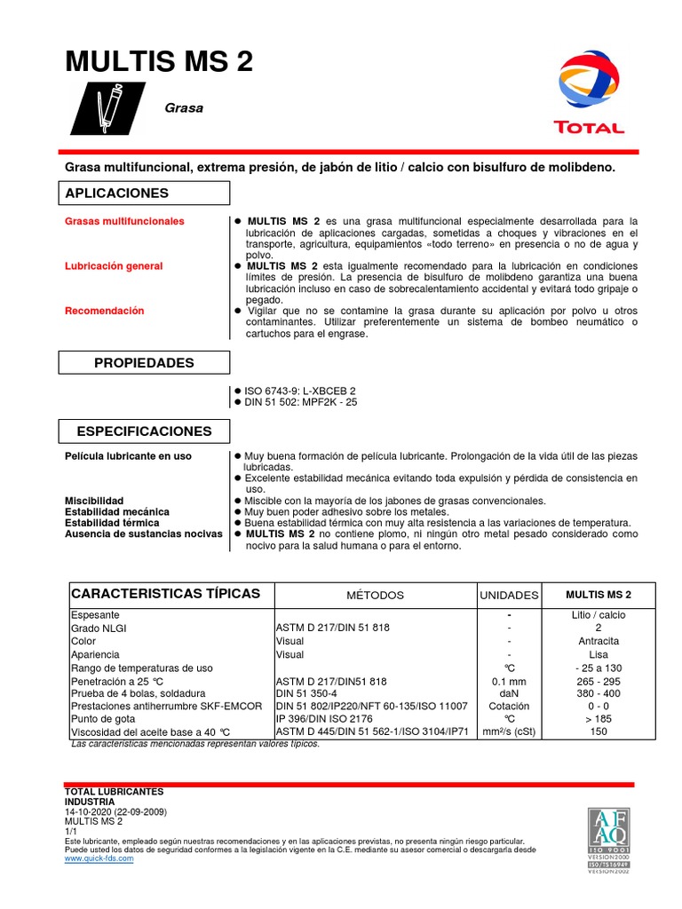 Ficha Tecnica Multis MS 2 | PDF | Lubricante | Ciencias fisicas