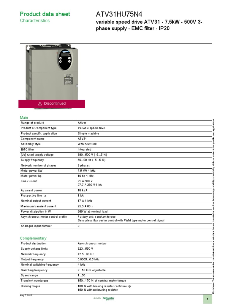 ATV31HU75N4: Product Data Sheet | PDF | Electric Motor | Physical ...