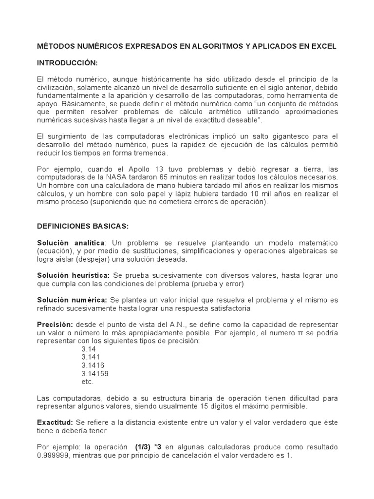 Métodos Numéricos Expresados en Algoritmos y Aplicado en Excel | PDF | Análisis numérico ...