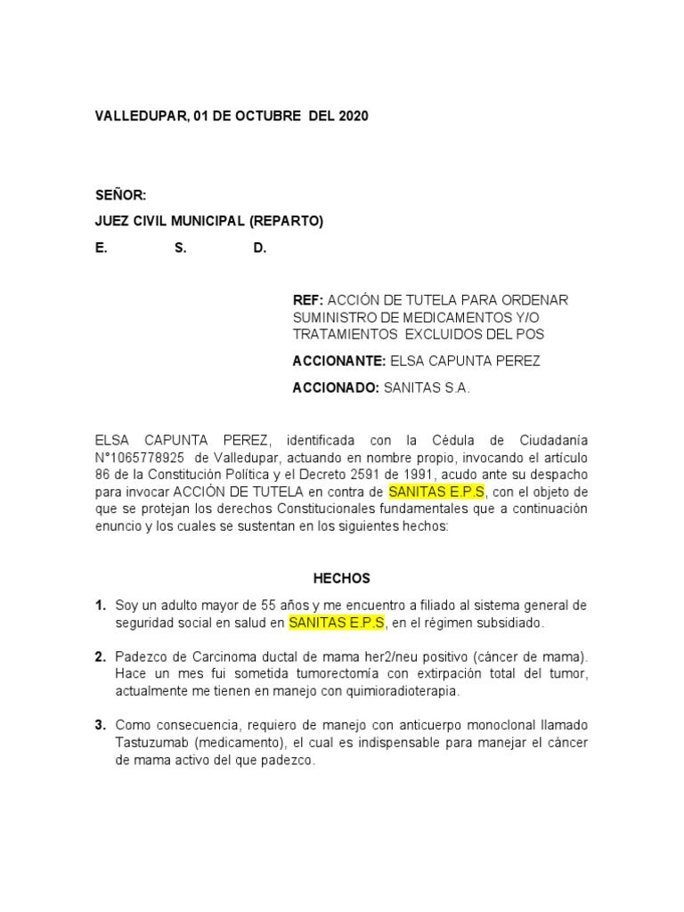 Tutela de Elsa Capunta por Medicamentos | PDF | Derecho Constitucional ...