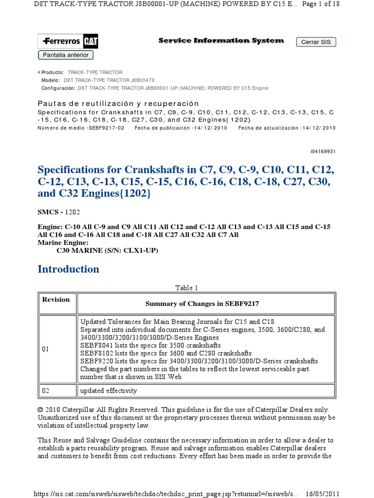 Specifications For Crankshafts in C7, C9, C-9, C10, C11, C12, C-12, C13 ...