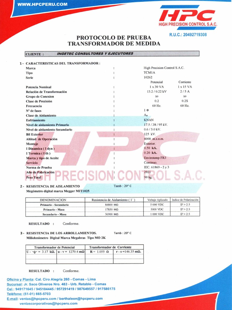 Protocolo de Pruebas 10262 Trafomix | PDF