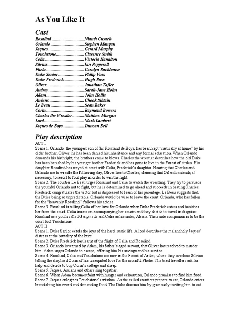 A Summary of Shakespeare's As You Like It Including Character Cast and ...